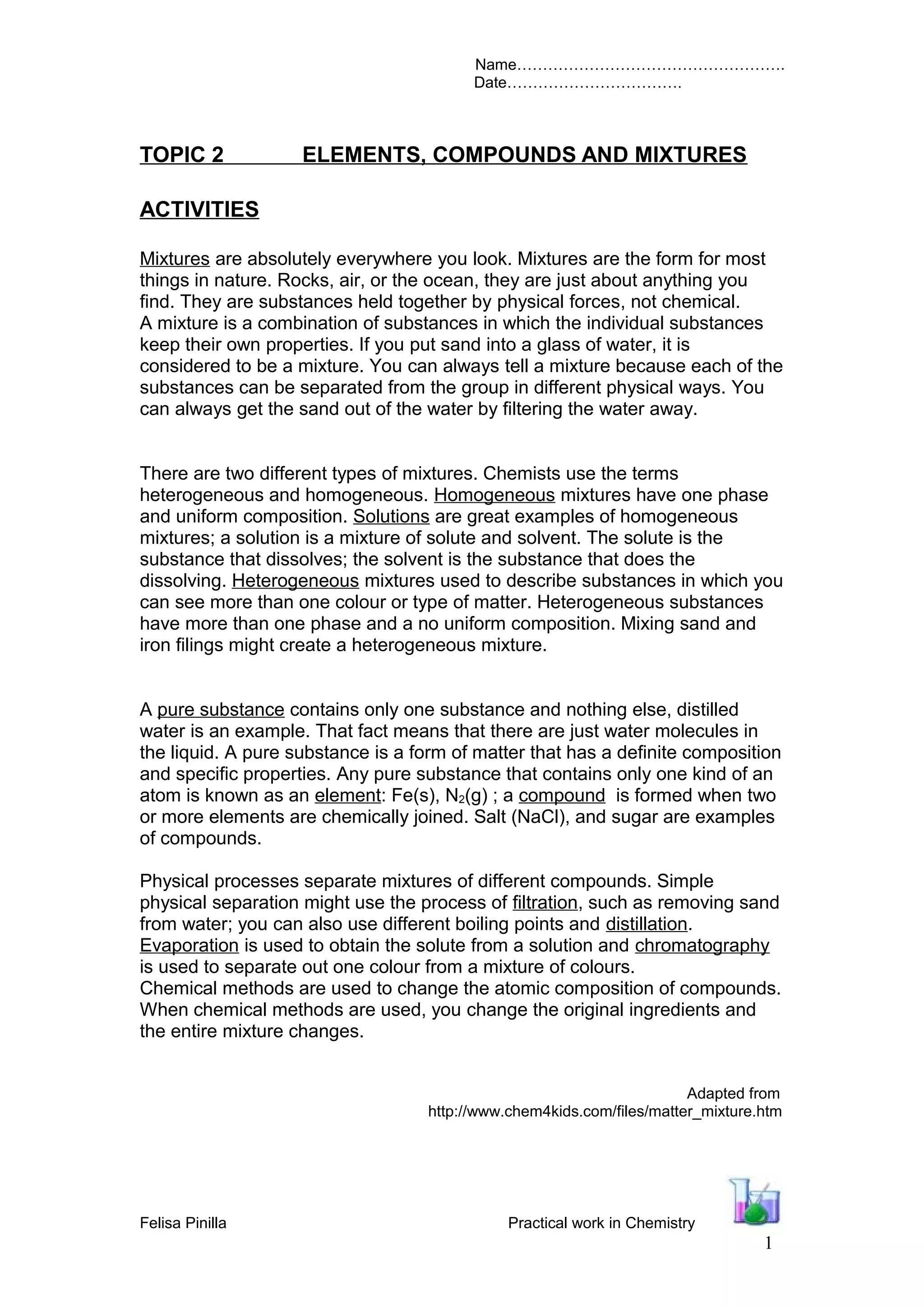 Topic 2. Mixtures Activities | DOC