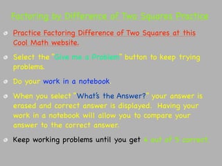 Module 10 Topic 3 factoring perfect square & difference of square | PPT