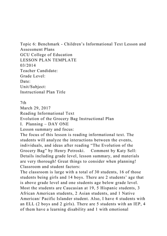 Topic 6 Benchmark - Children’s Informational Text Lesson and .docx