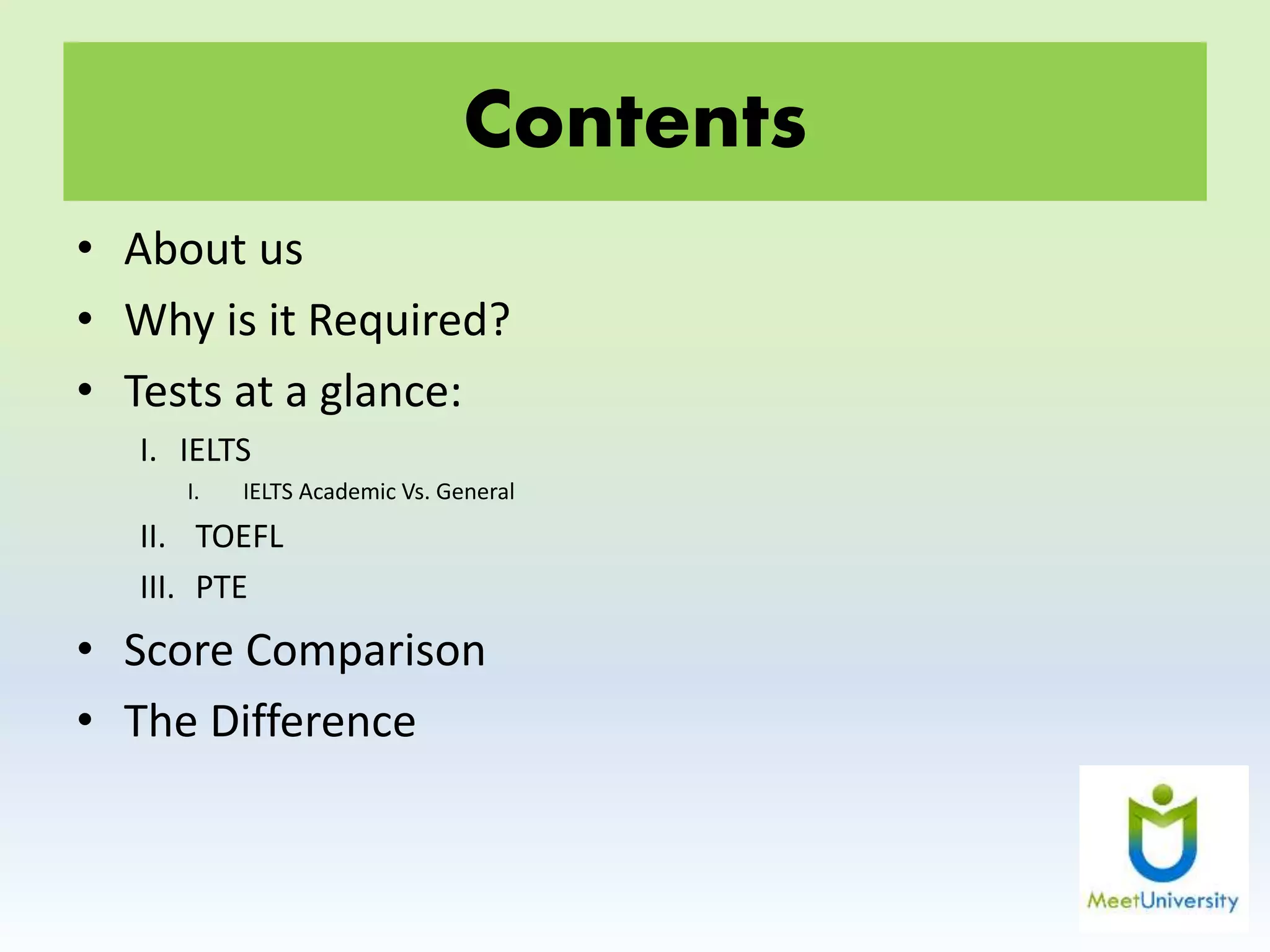 English Proficiency Test-IELTS,Toefl,PTE | PPTX