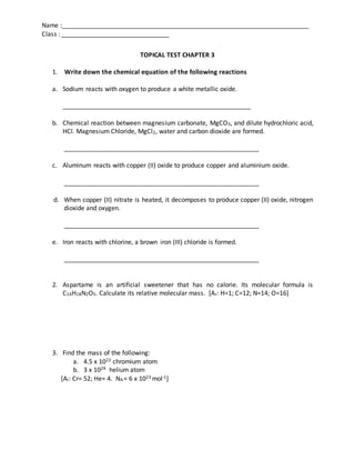 Topical test Chapter 3 Chemical Formulae and Equations | PDF