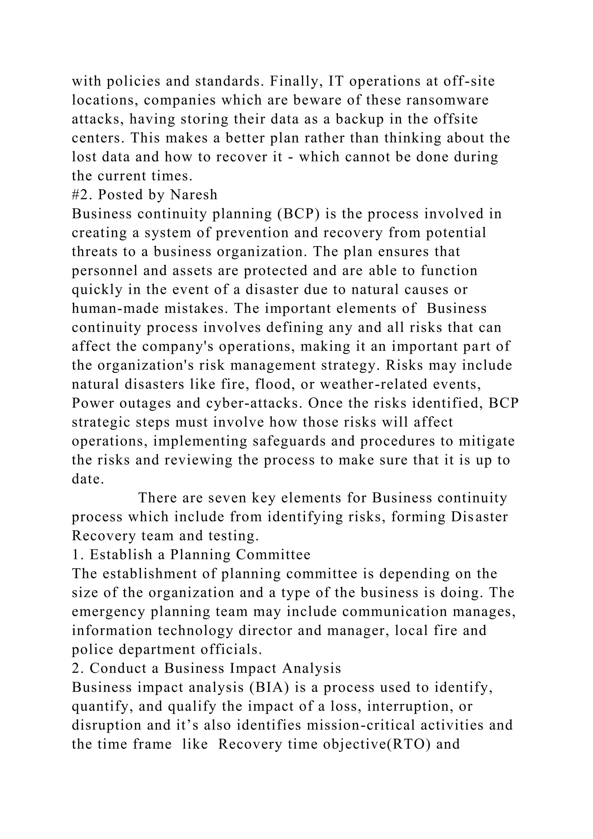 Topic Describe each of the elements of a Business Continuity Plan .docx