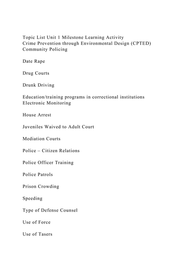 Topic List Unit 1 Milestone Learning Activity Crime Prevention .docx