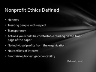 Topic presentation ethics in nonprofit management sans audio | PPTX