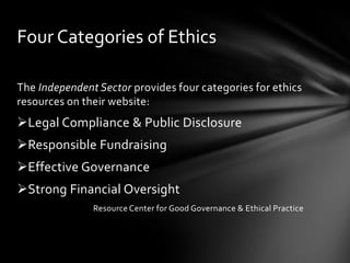 Topic presentation ethics in nonprofit management sans audio | PPTX