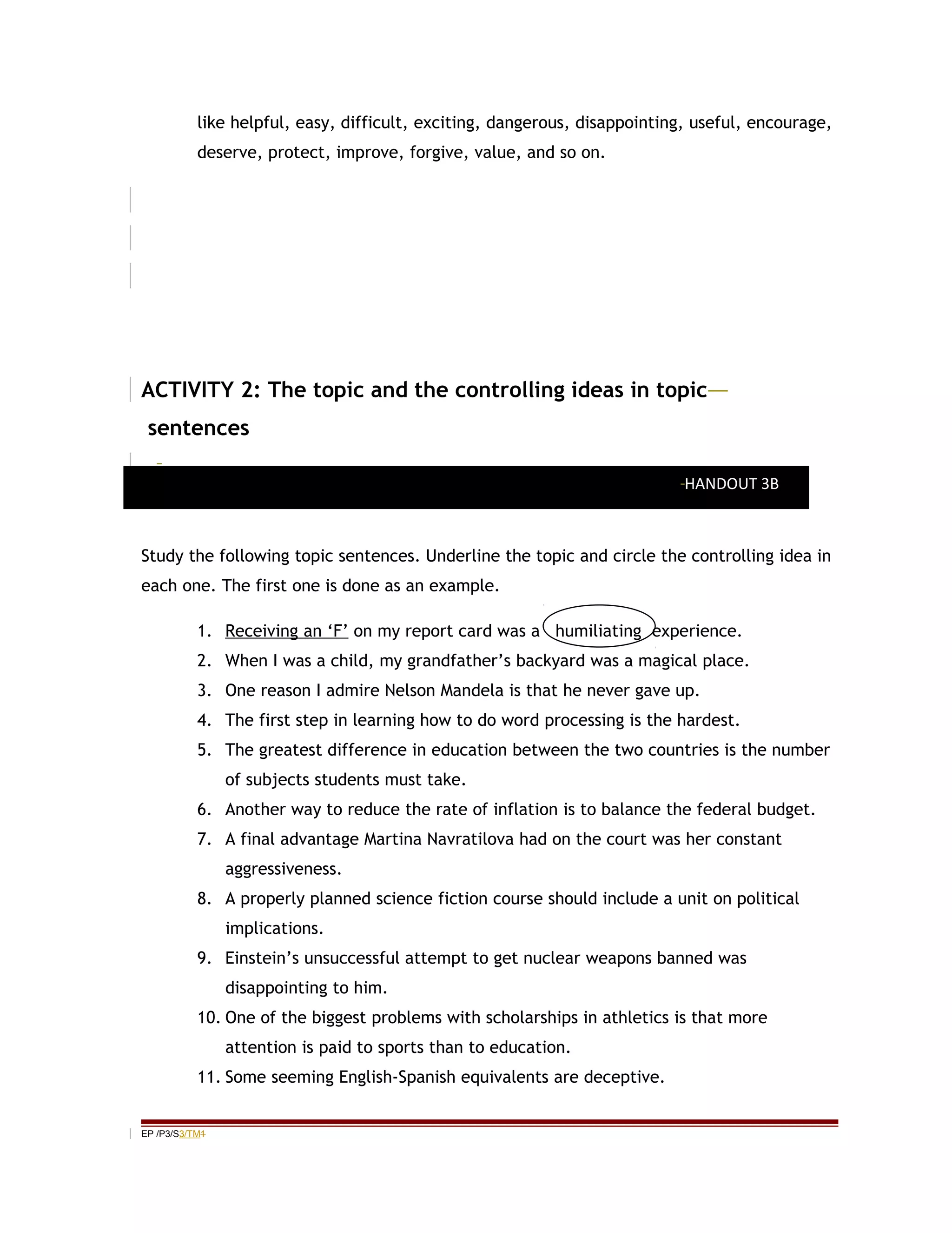 Topic sentence & supporting details | DOC