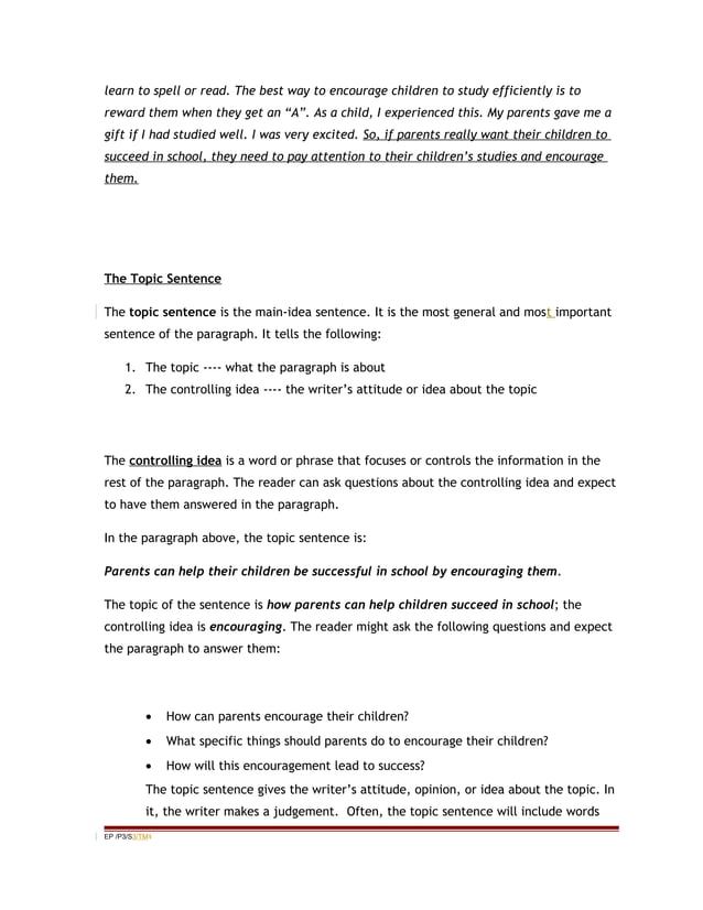 Topic sentence & supporting details | DOC | Homework and Study | Education