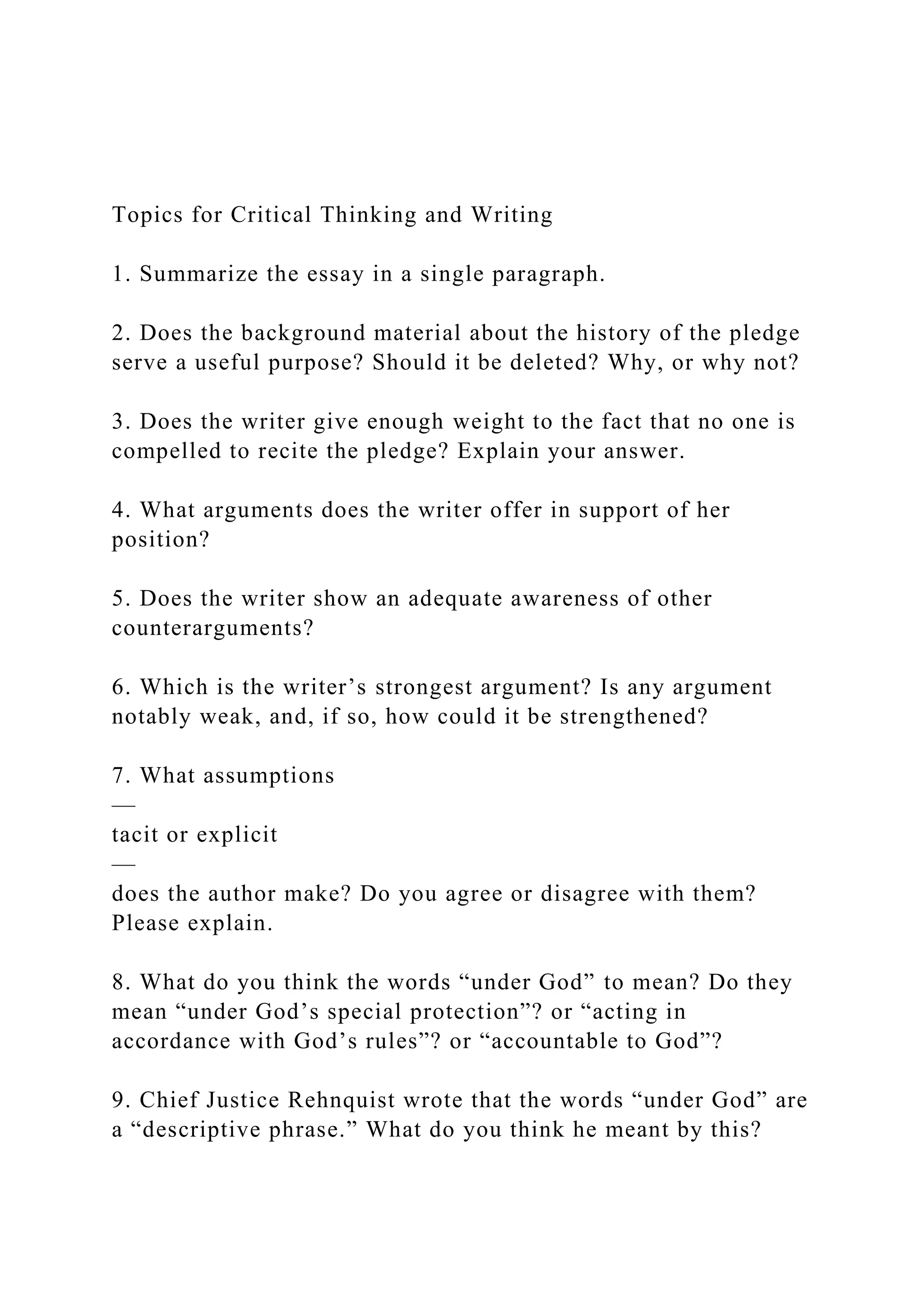 Topics for Critical Thinking and Writing1. Summarize the ess.docx