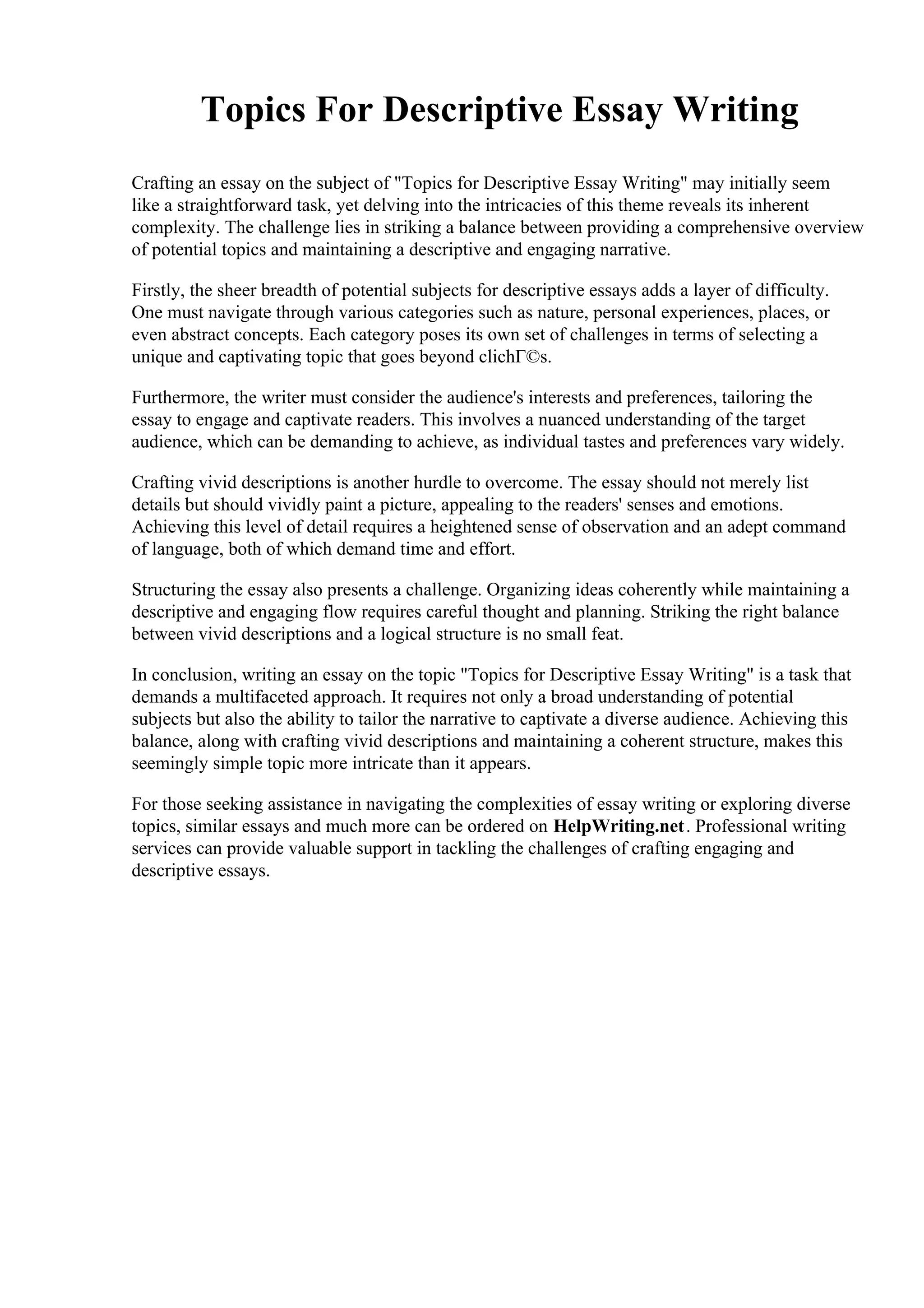 Topics For Descriptive Essay Writing.pdf | Homework and Study | Education