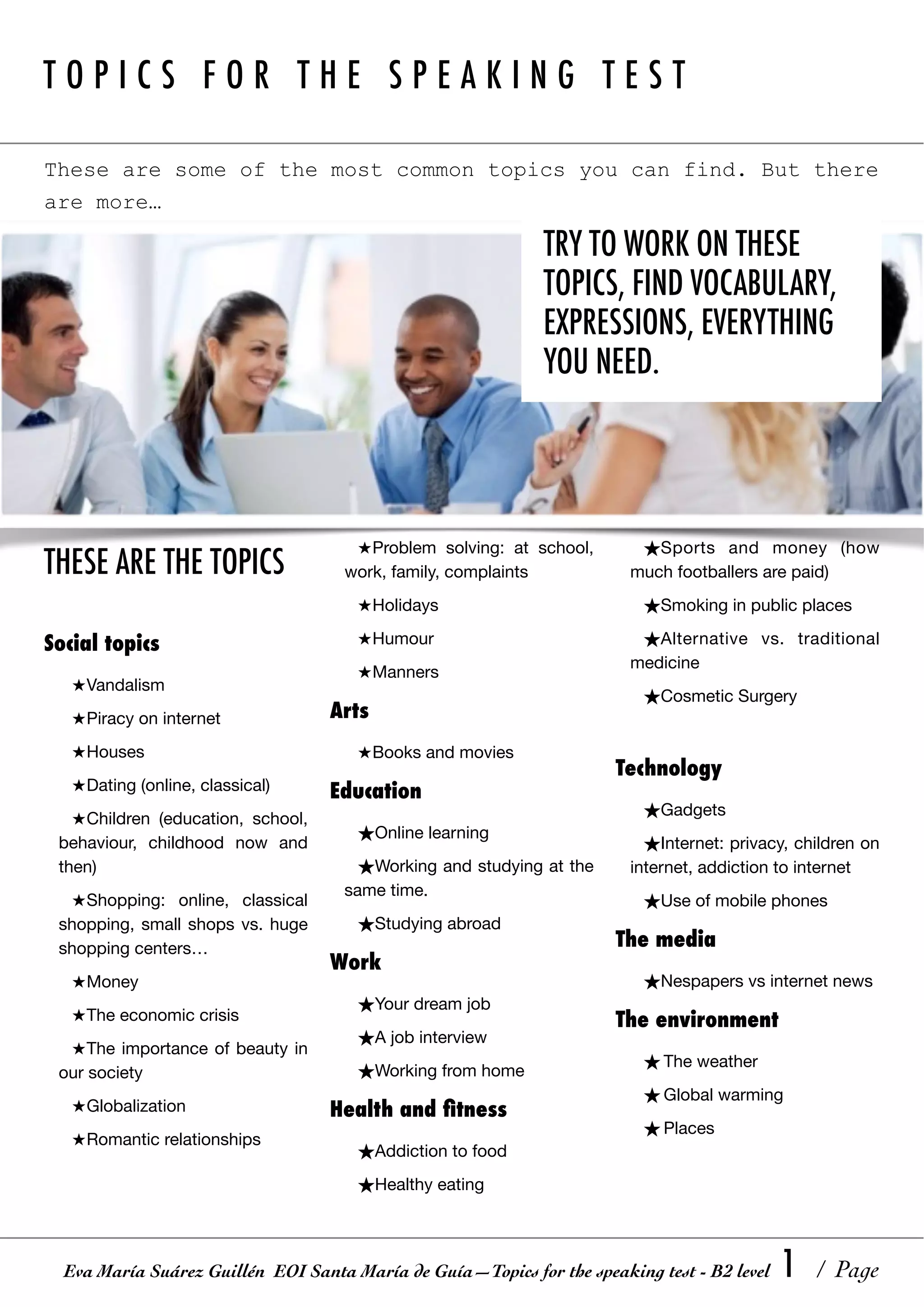 Topics for the speaking test, ESOL, LEVEL B2. | PDF