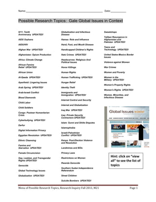 Preliminary List of Potential Research Topics/Inquiry, Media 21 Fall ...