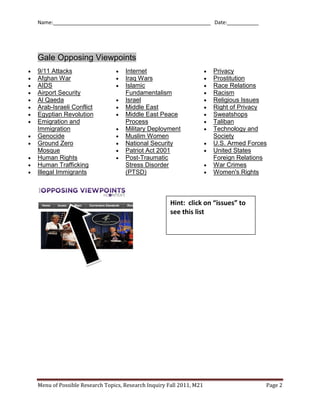 Preliminary List of Potential Research Topics/Inquiry, Media 21 Fall ...