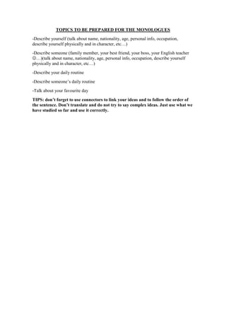 Topics to be prepared for the monologues | DOCX