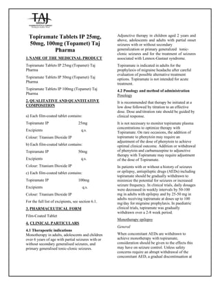 Topiramate tablets ip 25mg, 50mg, 100mg taj pharma smpc | PDF | Free ...