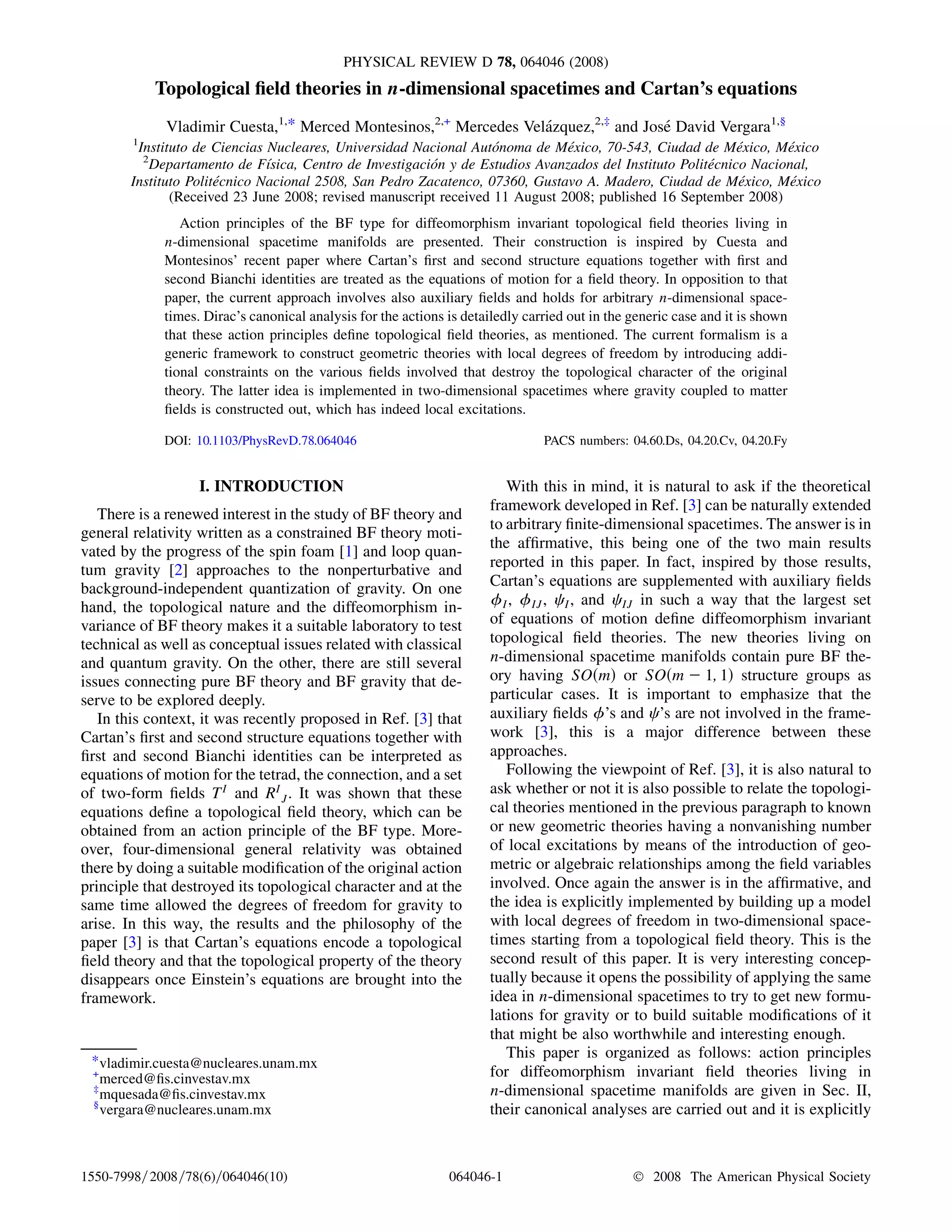 Topological Field Theories In N Dimensional Spacetimes And Cartans Equations | PDF