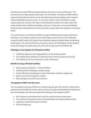 Top opportunities to leverage a vr based workflow in bim enabled ...