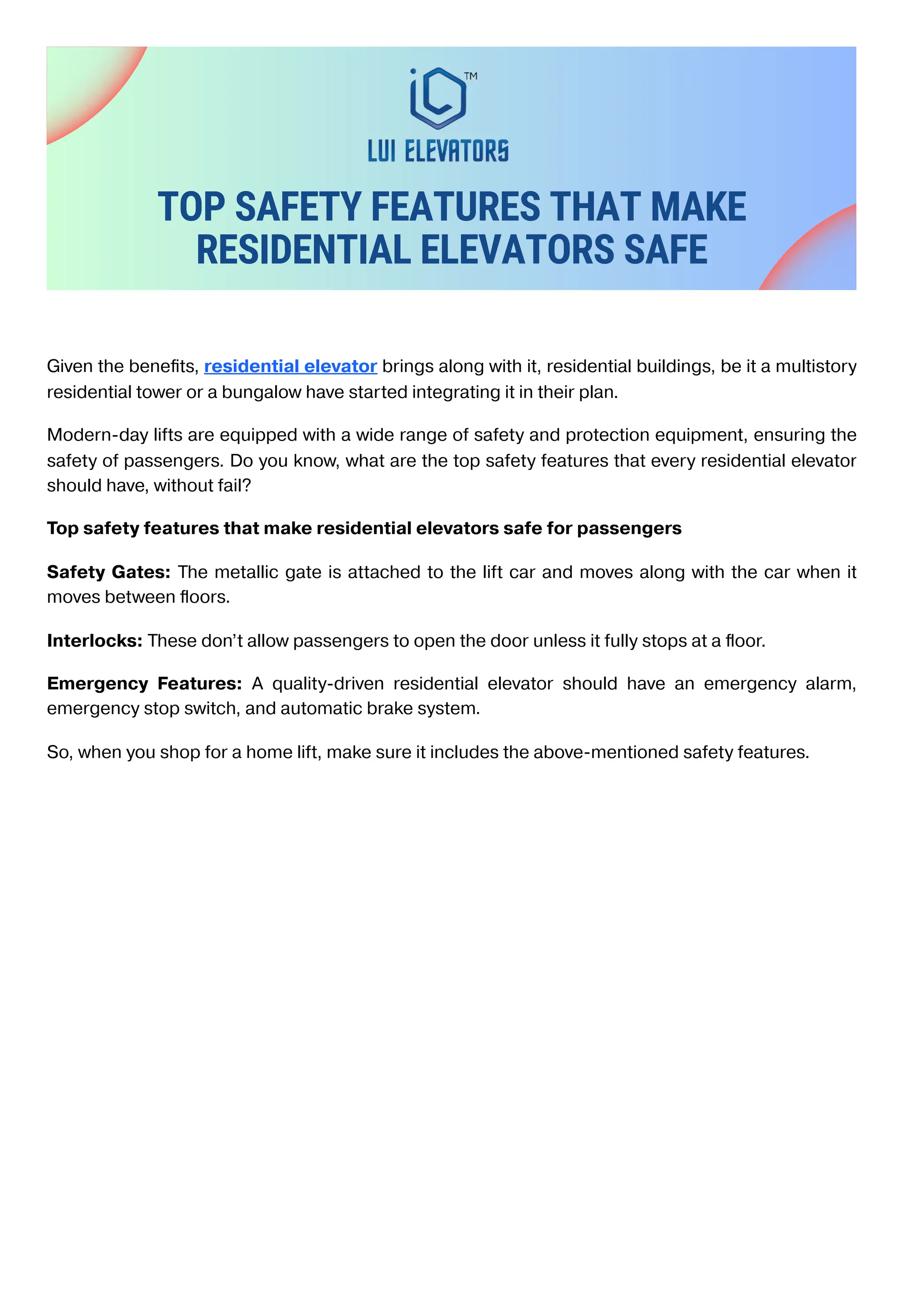 Top Safety Features That Make Residential Elevators Safe.pdf | Auto Safety | Automotive