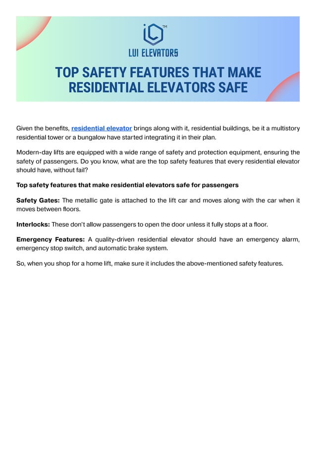 Top Safety Features That Make Residential Elevators Safe.pdf | Auto Safety | Automotive