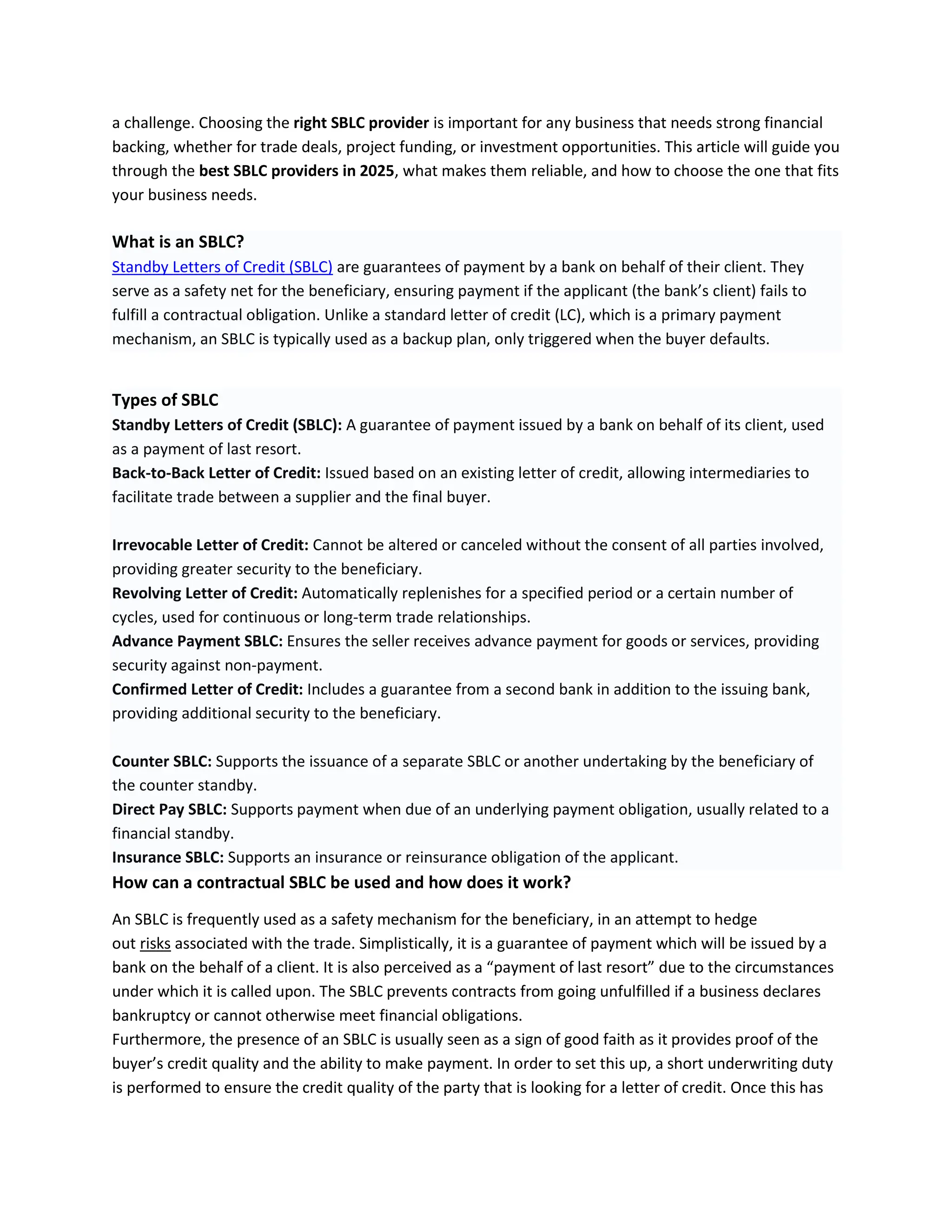 Top SBLC Providers 2025: Choosing the Right One | PDF
