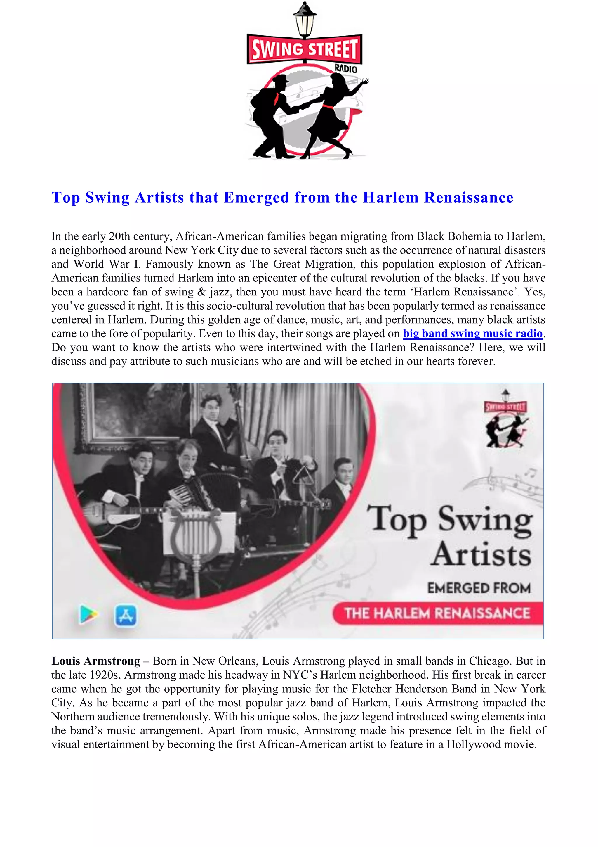 Top swing artists that emerged from the harlem renaissance | PDF | Jazz ...
