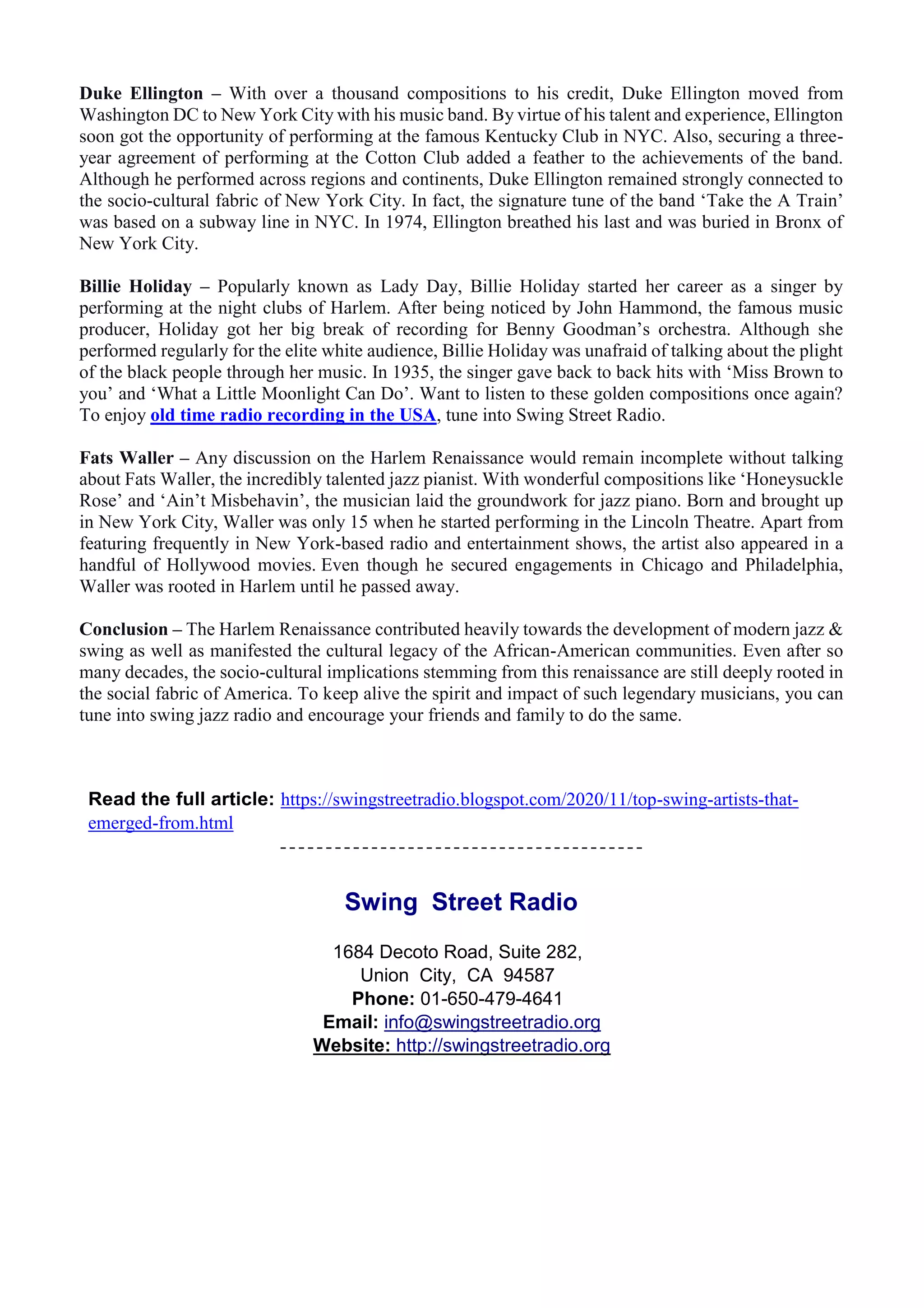 Top swing artists that emerged from the harlem renaissance | PDF | Jazz ...
