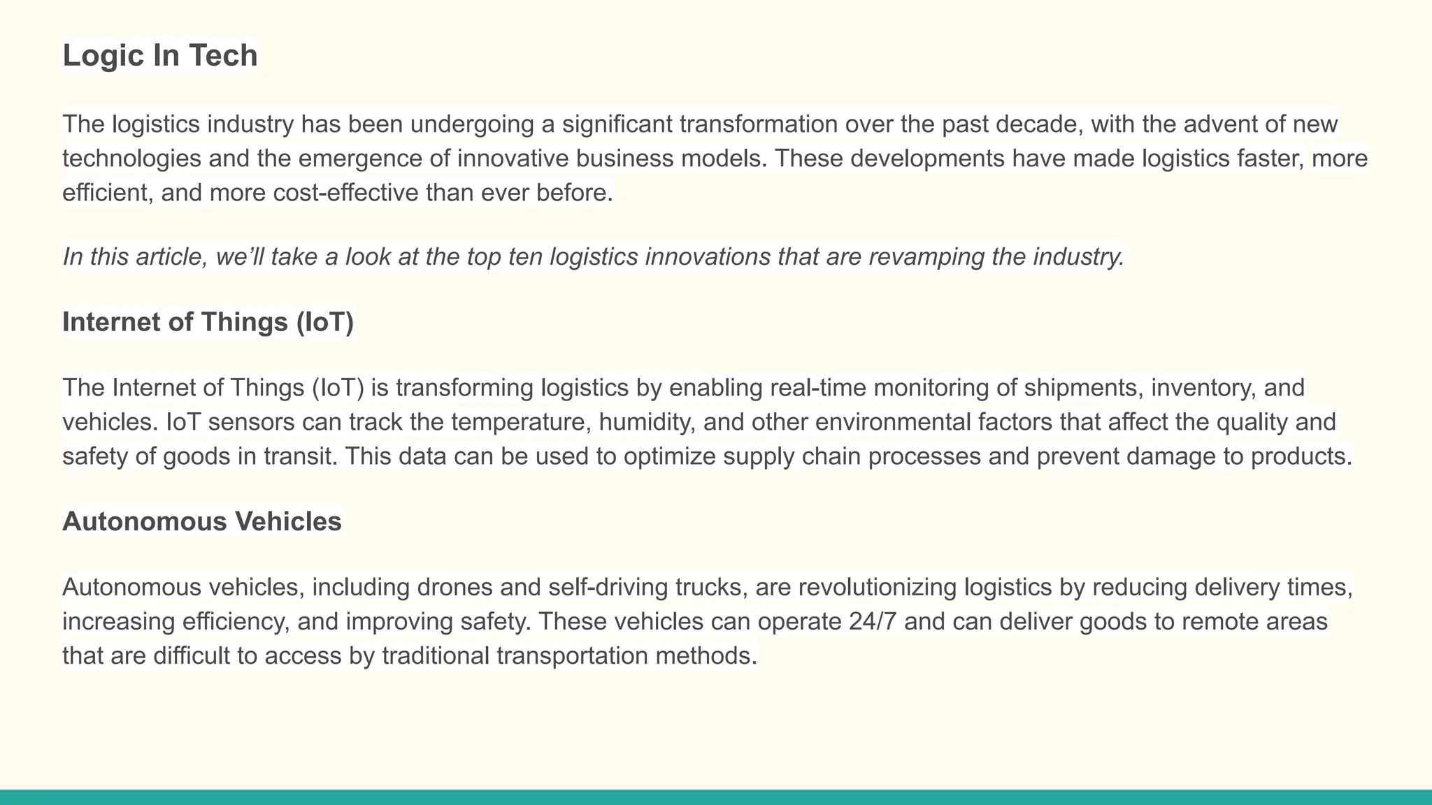 Top Ten Logistics Innovations Revamping the Industry | PDF