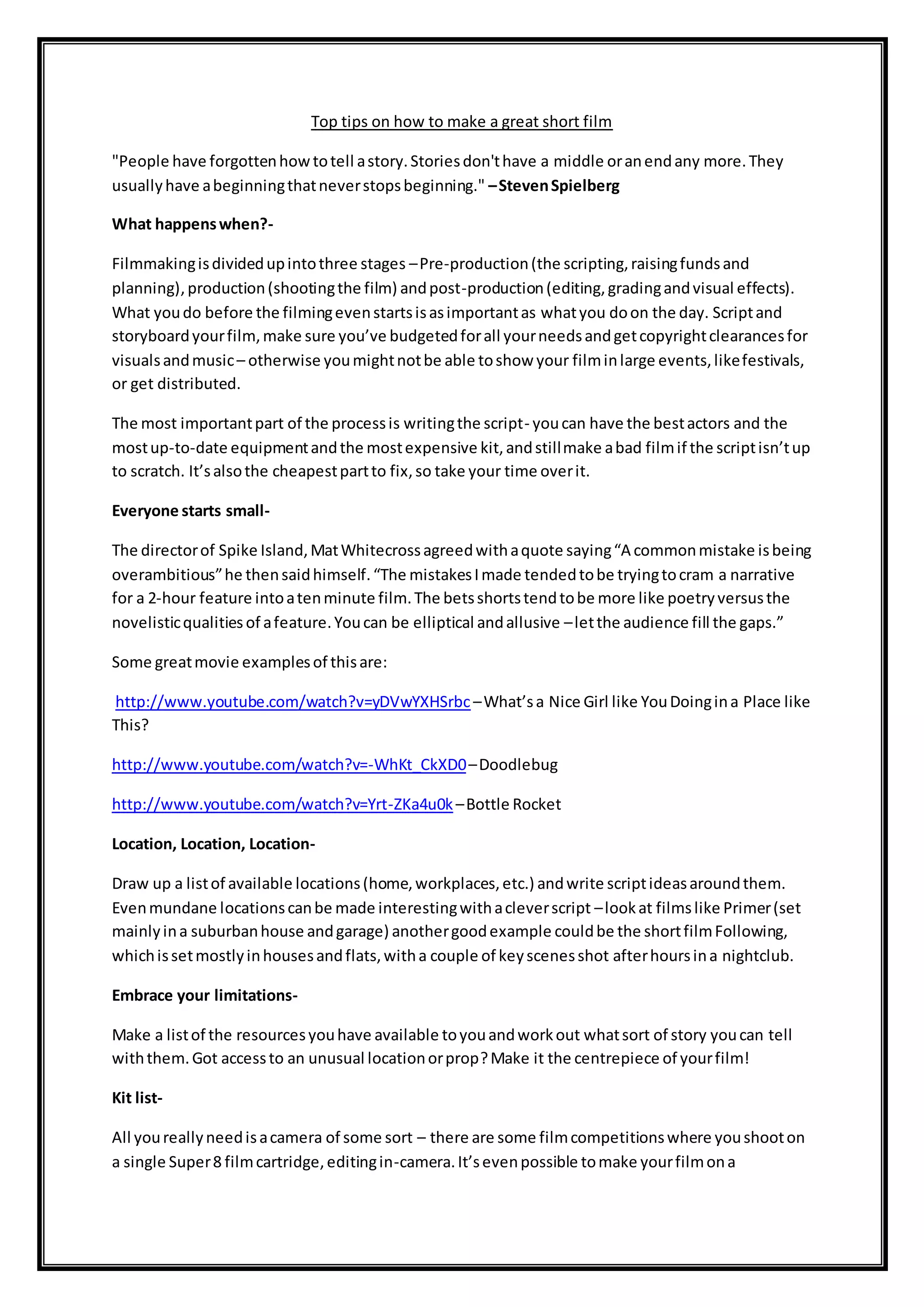 Top tips on how to make a great short film | PDF