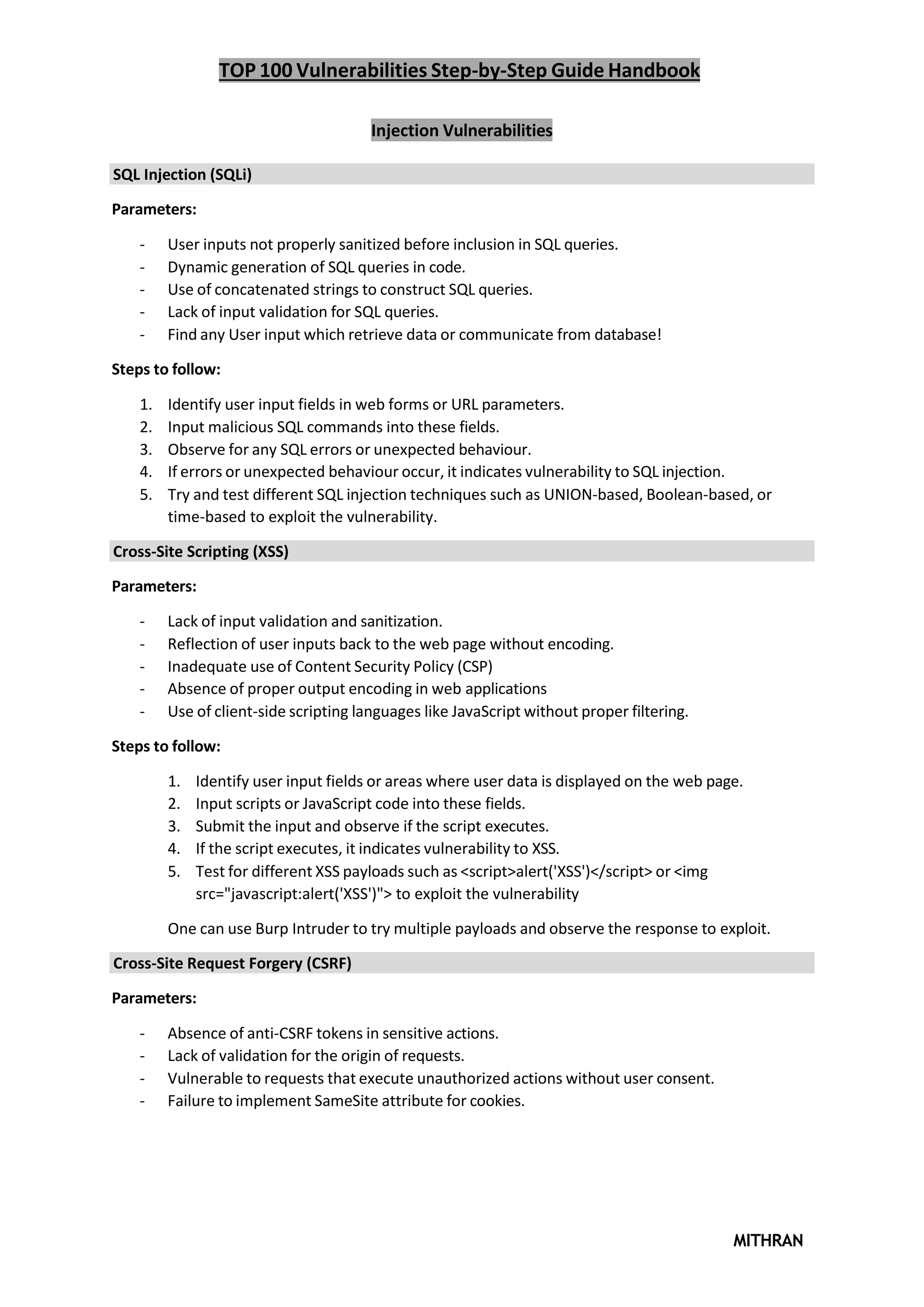 TOP 100 Vulnerabilities Step-by-Step Guide Handbook | PDF | Web Development | Internet