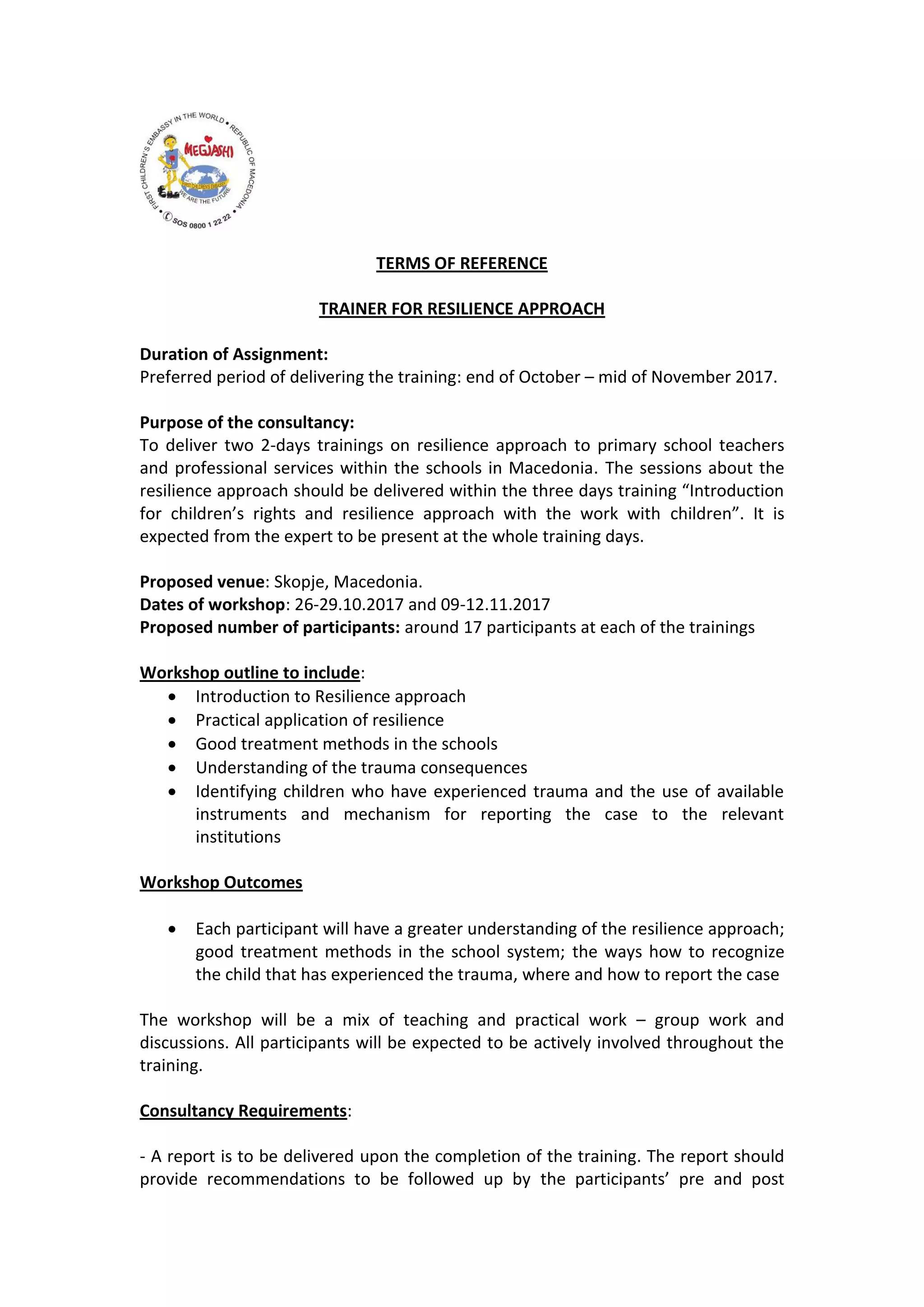 TERMS OF REFERENCE TRAINER FOR RESILIENCE APPROACH | PDF | Physical ...