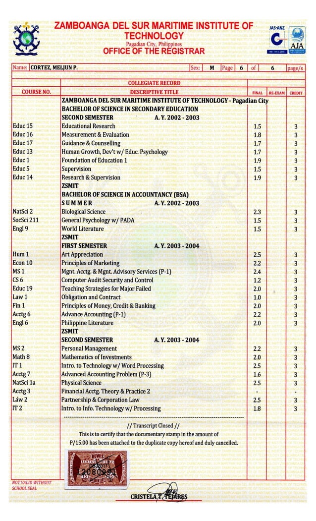 TOR collections from different universities of MELJUN CORTES | PDF