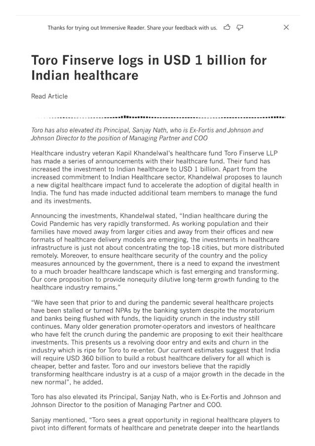 El Toro Finserve logs in USD 1 billion for Indian Healthcare | PDF