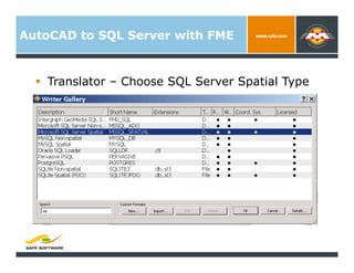 Using FME to move from AutoCAD Map 3D to MapGuide Enterprise with SQL Server | PPT