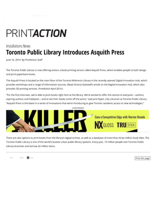 Toronto Public Library Introduces Asquith Press | PrintAction | PDF
