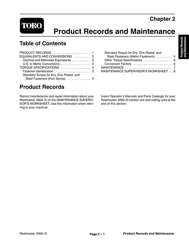 Toro reelmaster 2000 d mower service repair manual | PDF