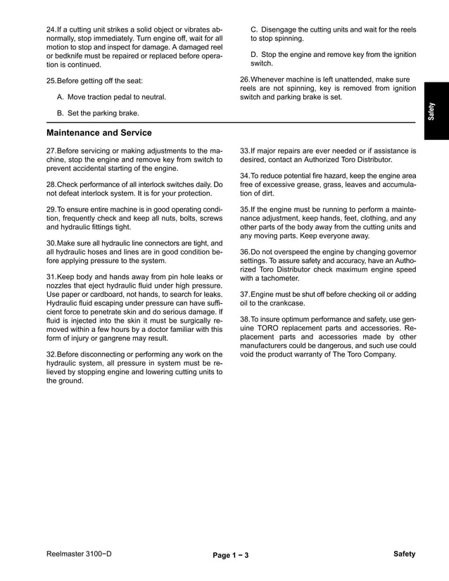 Toro reelmaster 3100 d mower service repair manual | PDF