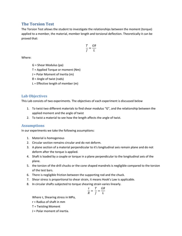 Torsion testing experiment (student) | DOCX