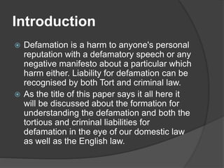 Criminal and Tortious Liability for Defamation Under Domestic and ...