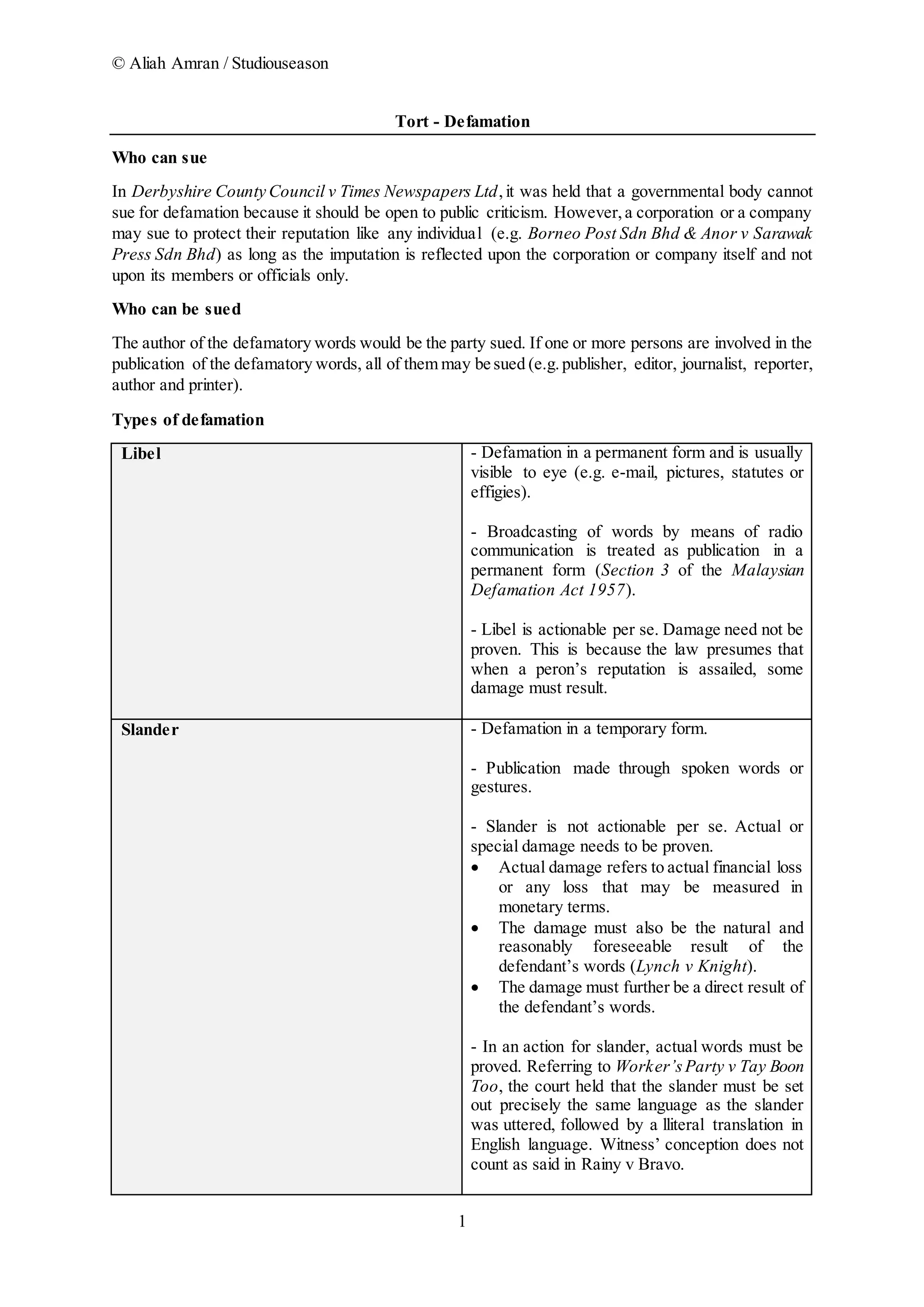 Tort notes - Defamation | PDF Tort notes - Defamation | PDF