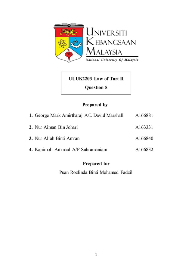 Tort Tutorial Answer Question 5 | PDF