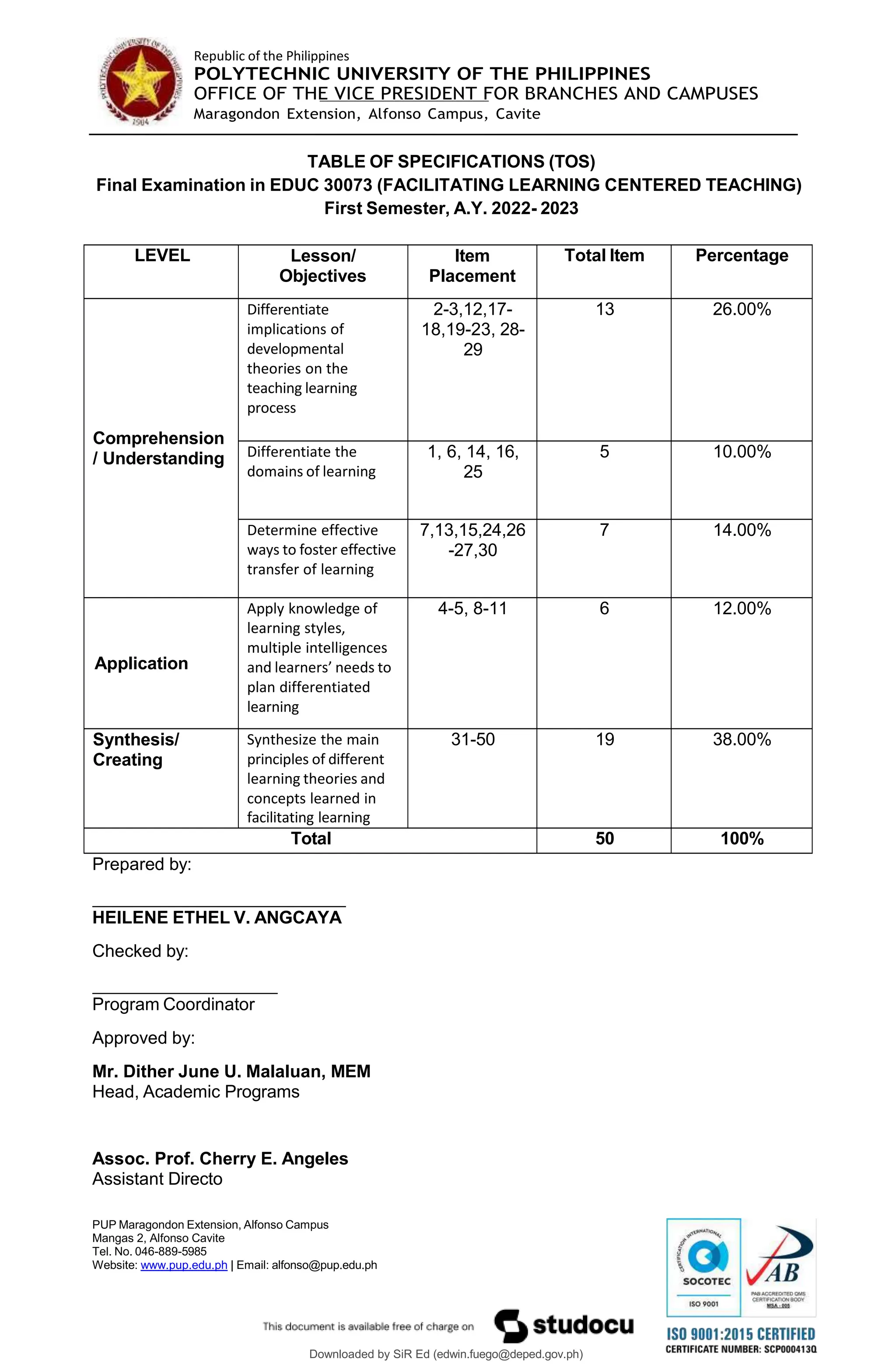 This is an sample examination practice test in facilitating learning ...