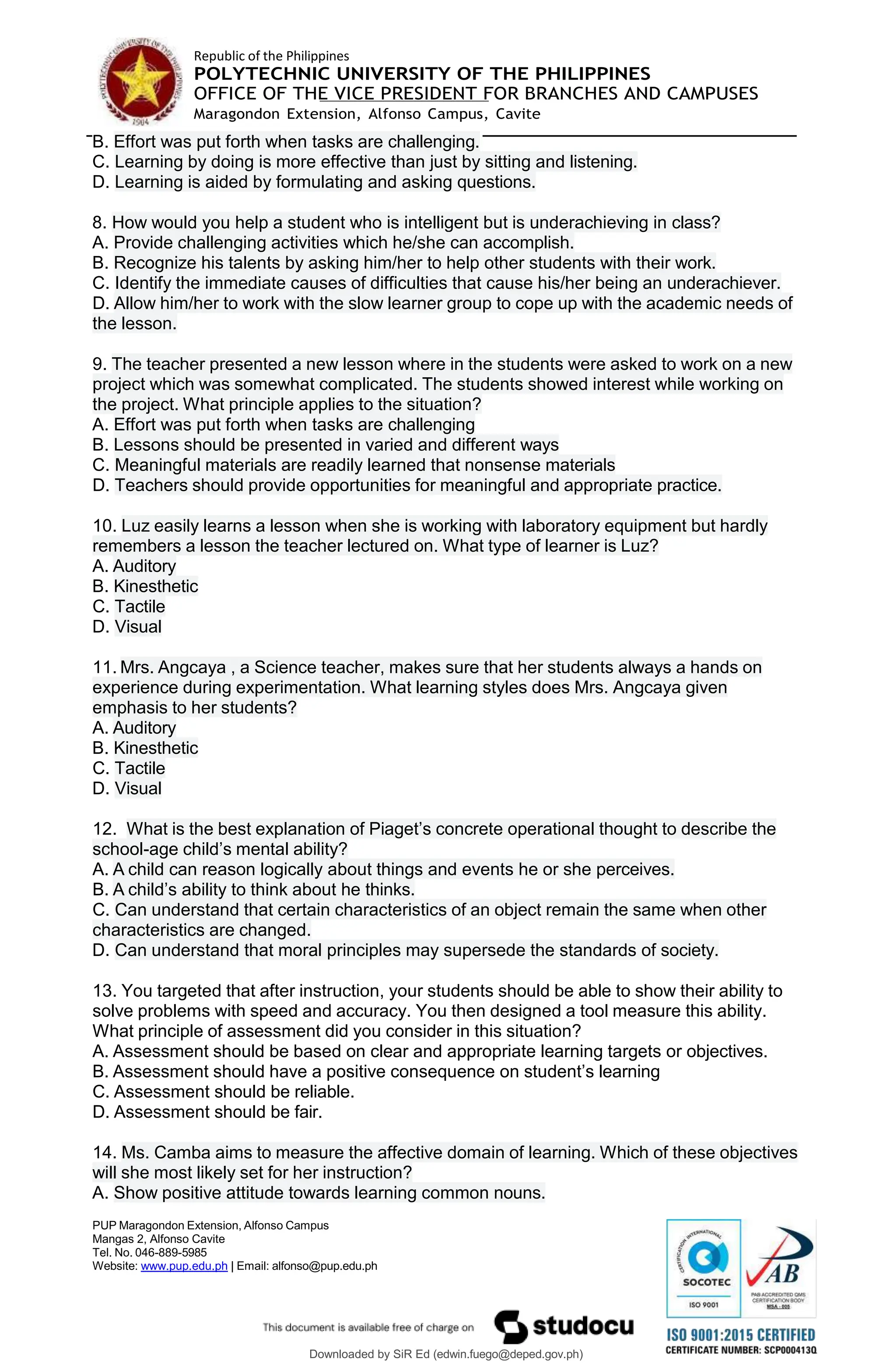 This is an sample examination practice test in facilitating learning ...