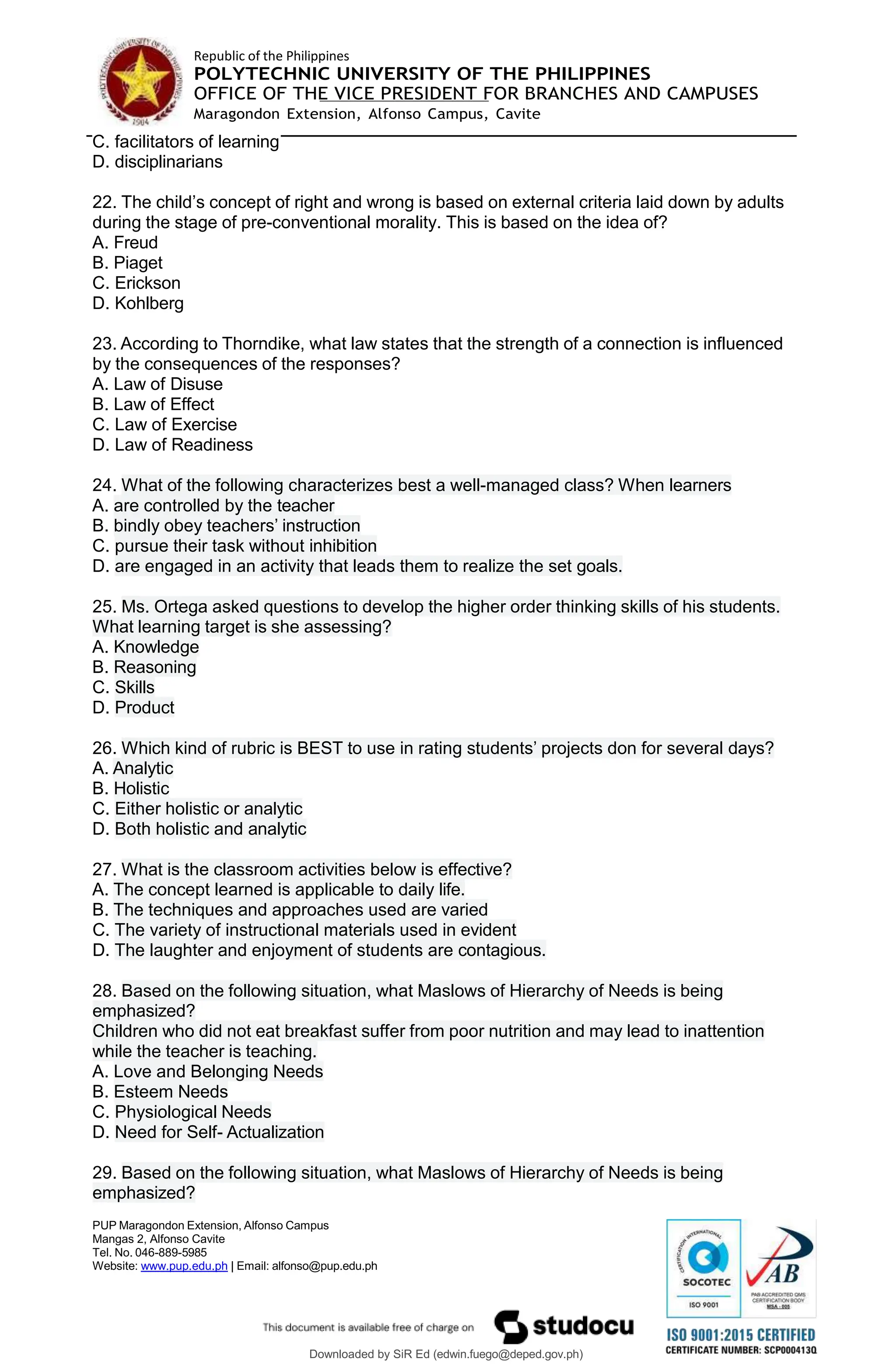 This is an sample examination practice test in facilitating learning ...