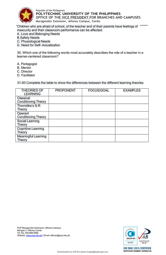 This is an sample examination practice test in facilitating learning ...