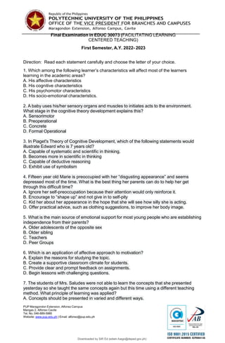 This is an sample examination practice test in facilitating learning ...