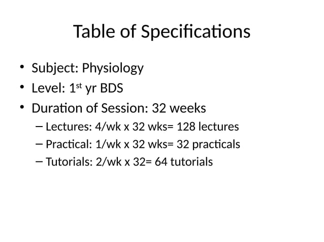 Table of Specifications for BDS Physiology | PPTX