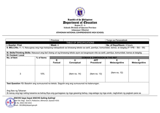 TOS-template.docx sample of table of specification | PPT