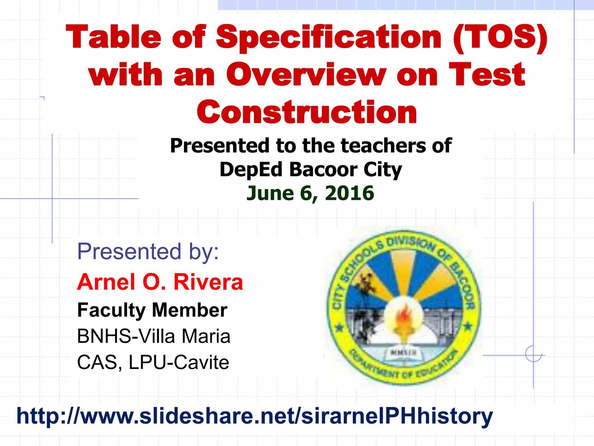 Table of Specifications (TOS) and Test Construction Review | PDF