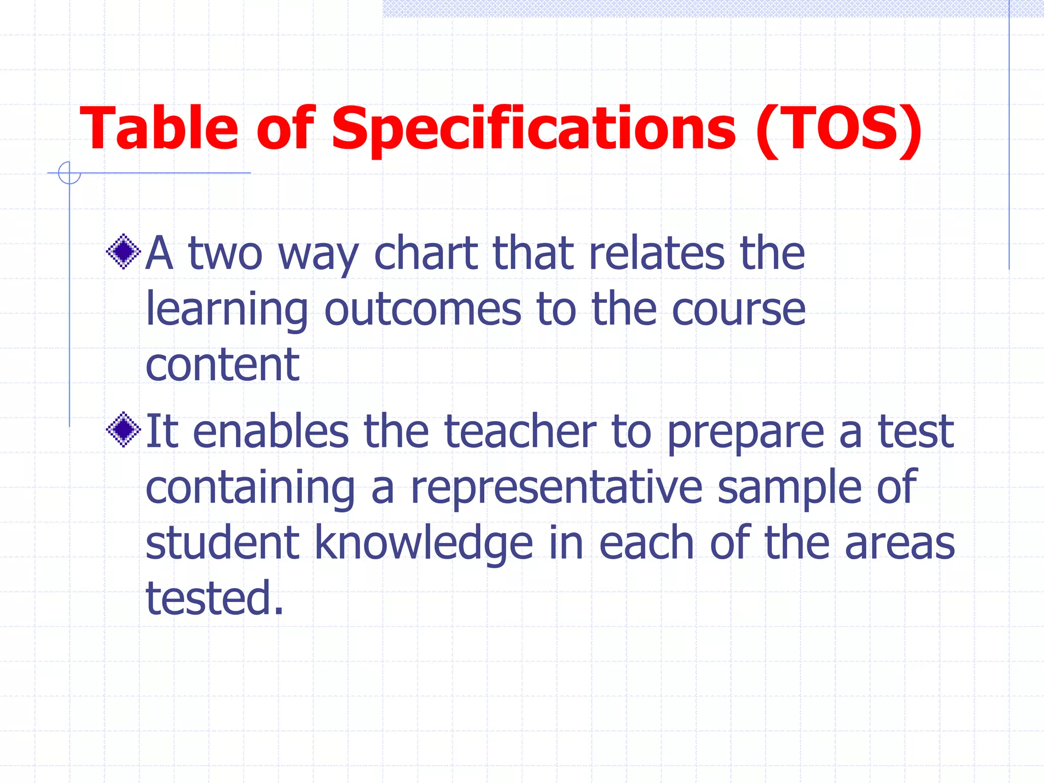 Table of Specifications (TOS) and Test Construction Review | PDF