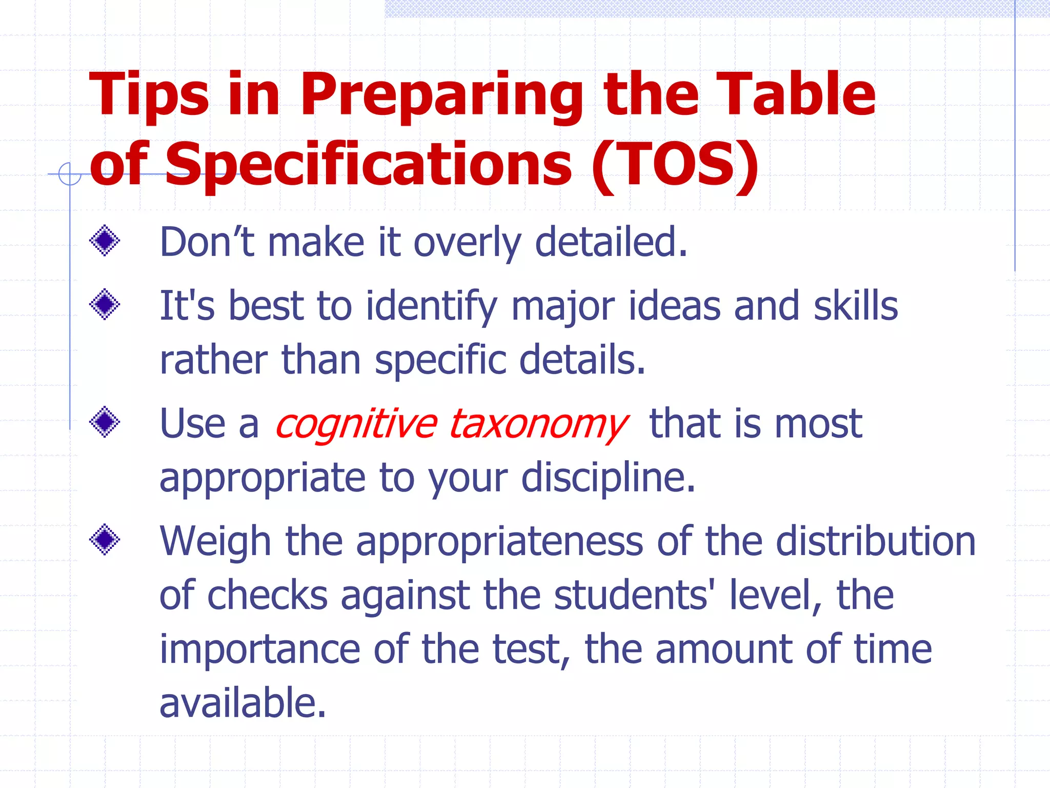 Table of Specifications (TOS) and Test Construction Review | PDF