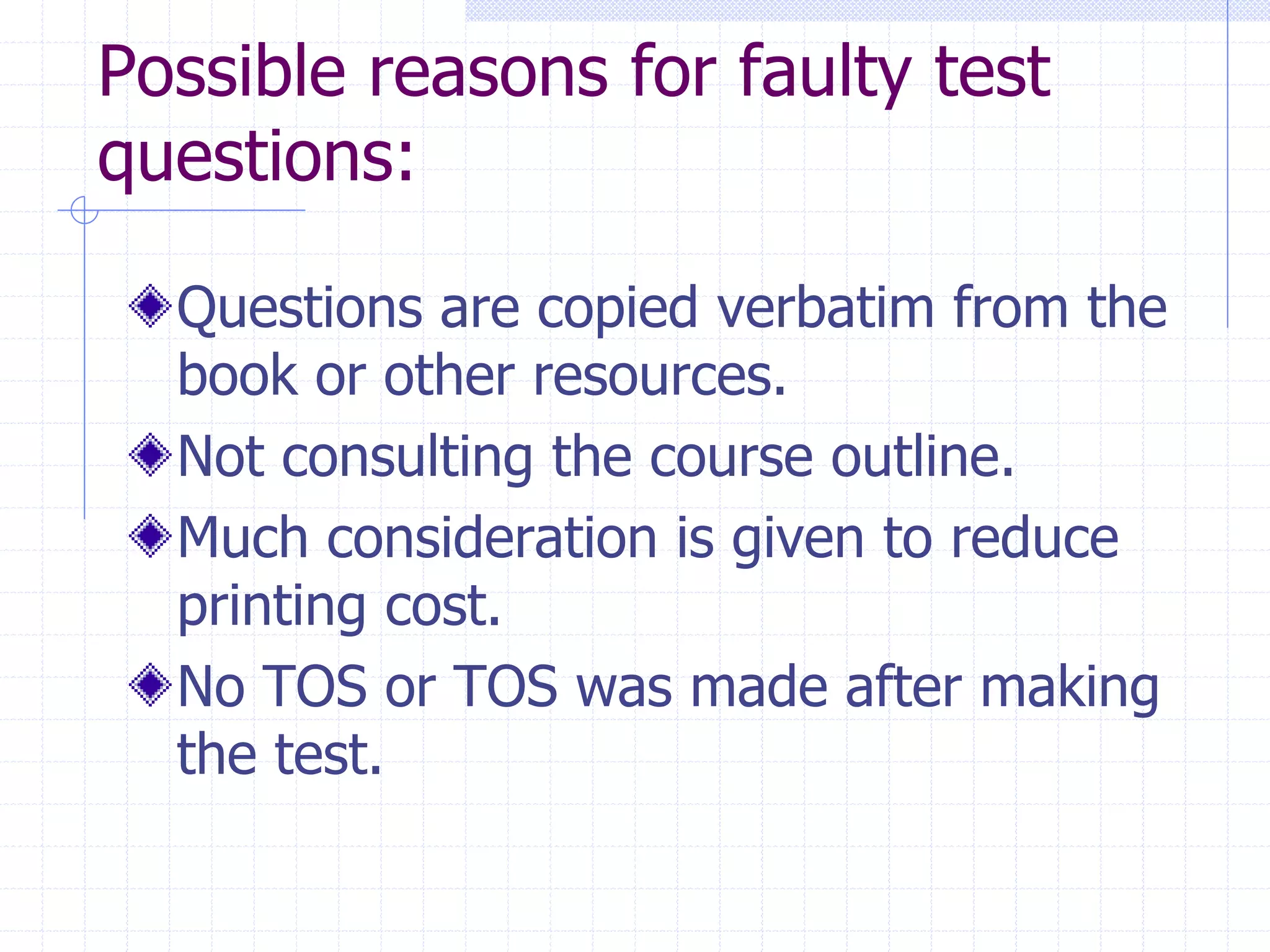 Table of Specifications (TOS) and Test Construction Review | PDF